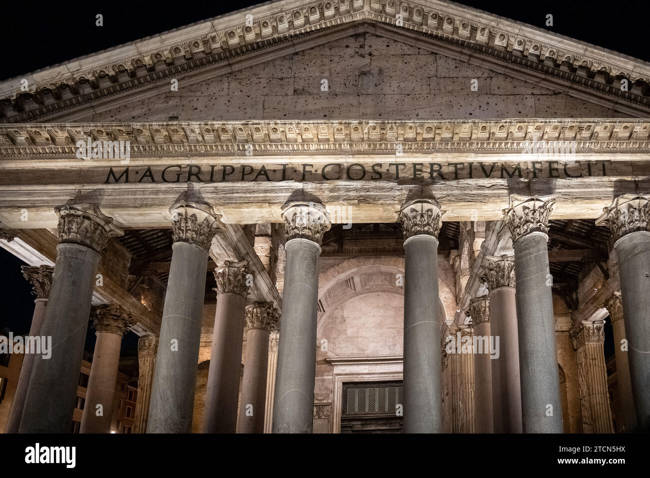 Facade of Pantheon building in Rome, Italy at night. Front of the ...