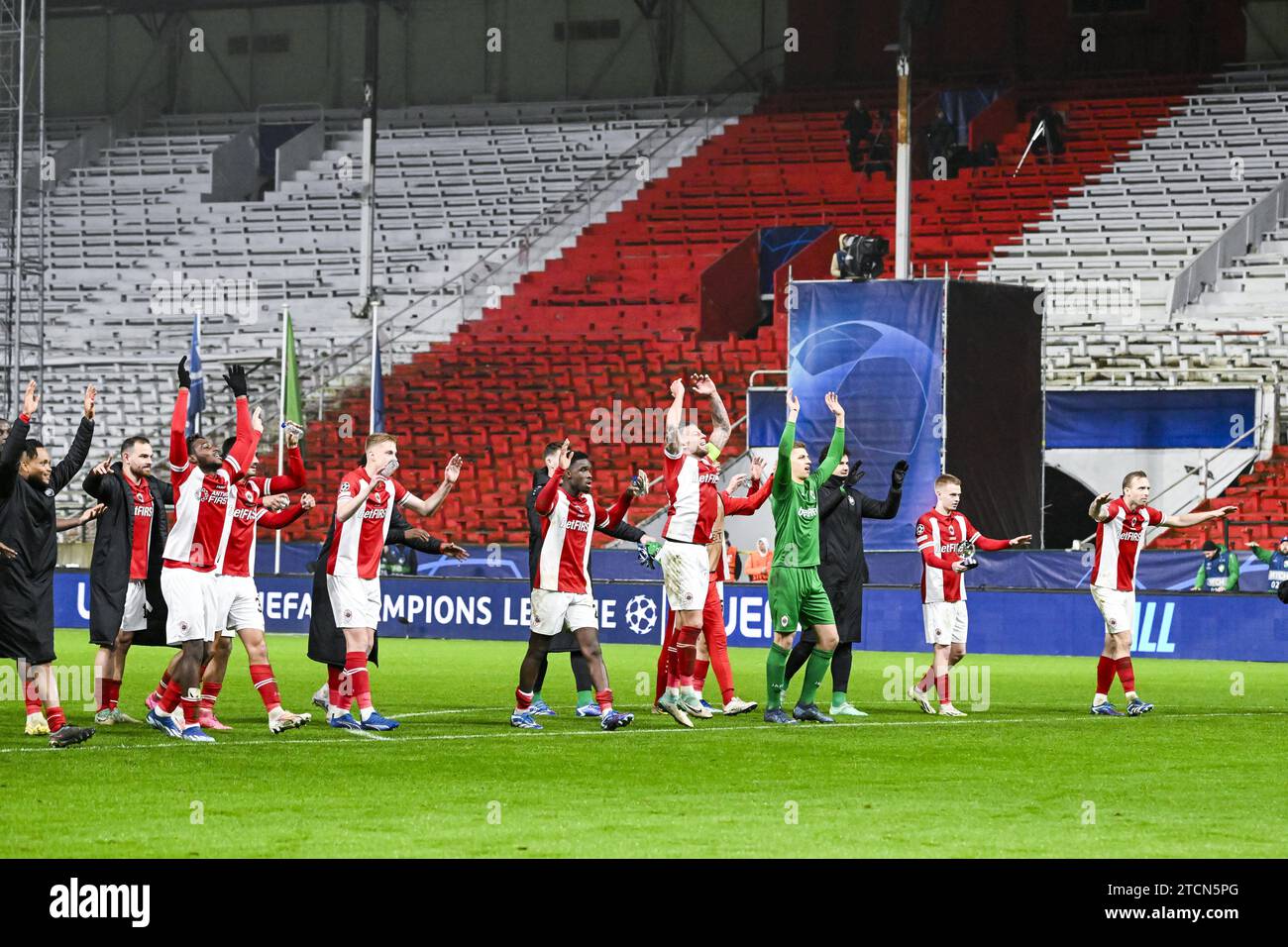 Antwerp, Belgium. 13th Dec, 2023. Antwerp FC players celebrate after ...