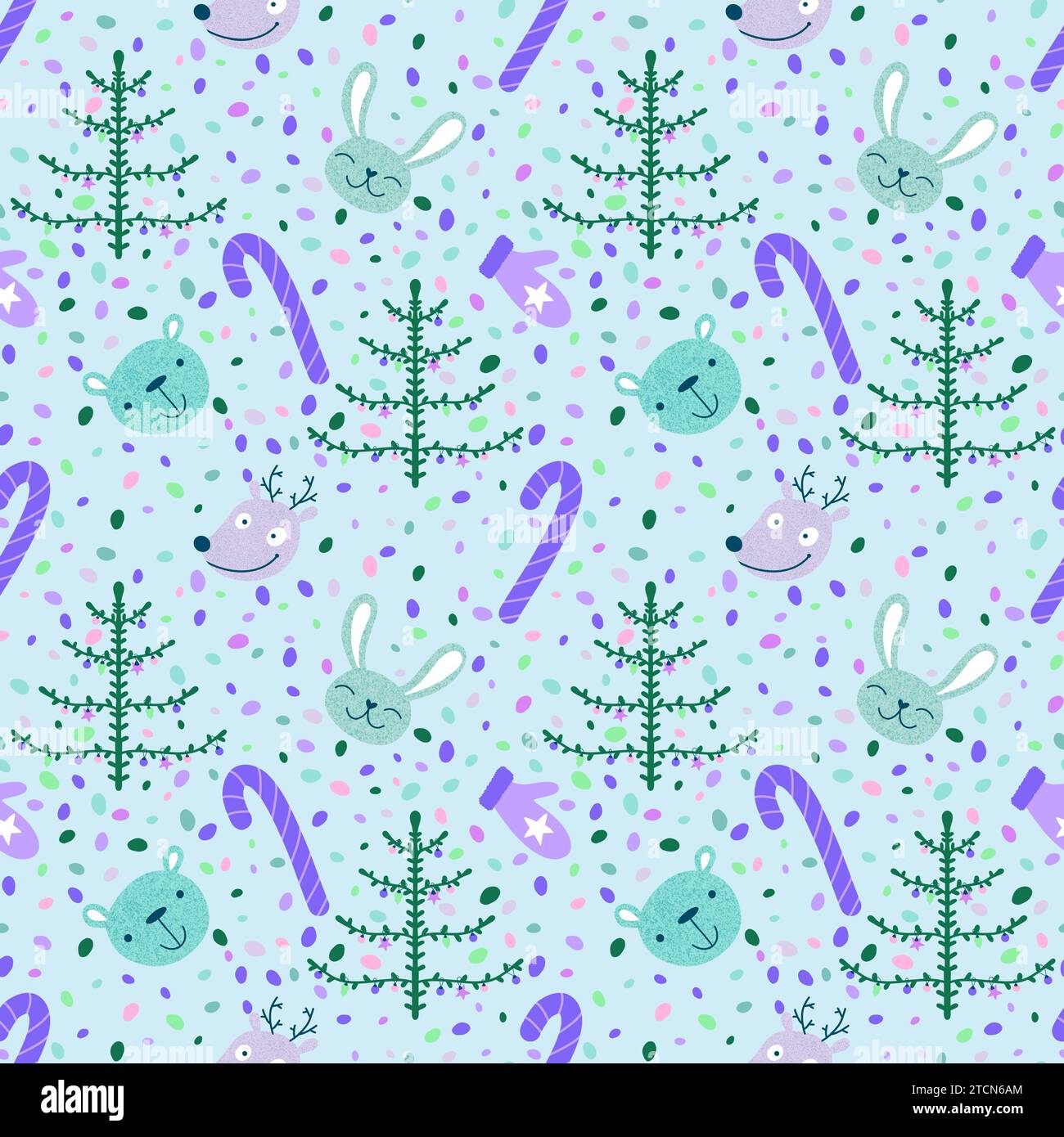 Christmas tree seamless bunnies and bears and deer and gloves pattern ...