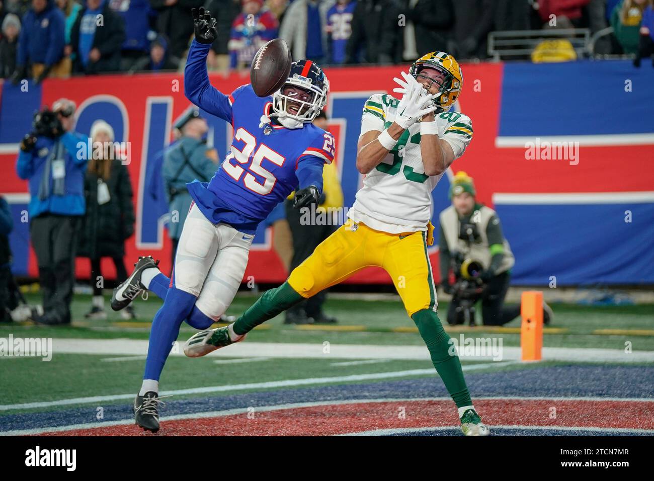 New York Giants cornerback Deonte Banks (25) breaks up a pass to Green Bay Packers wide receiver ...