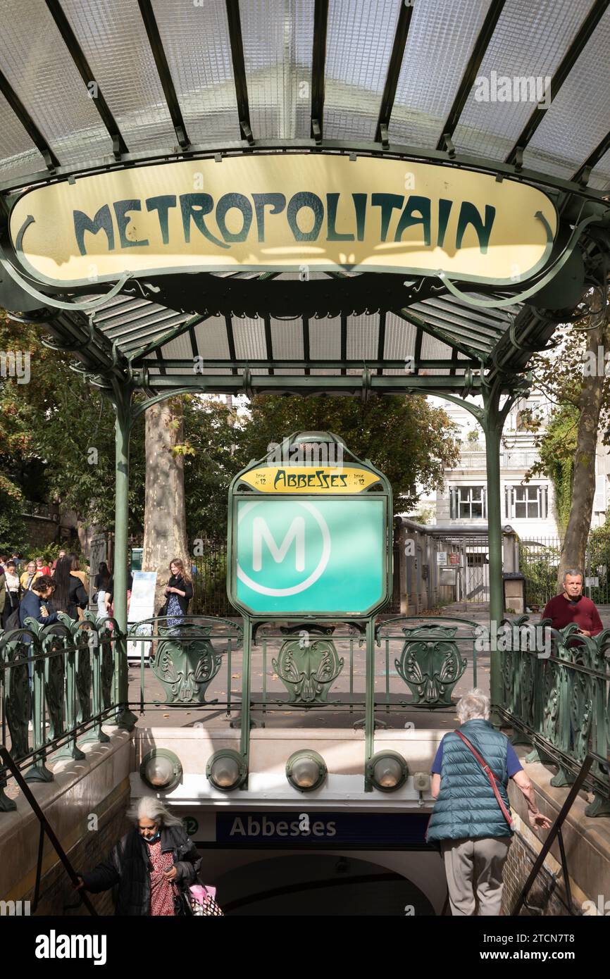 Metro entrance in art nouveau style. Station at Abbesses, Montmartre ...