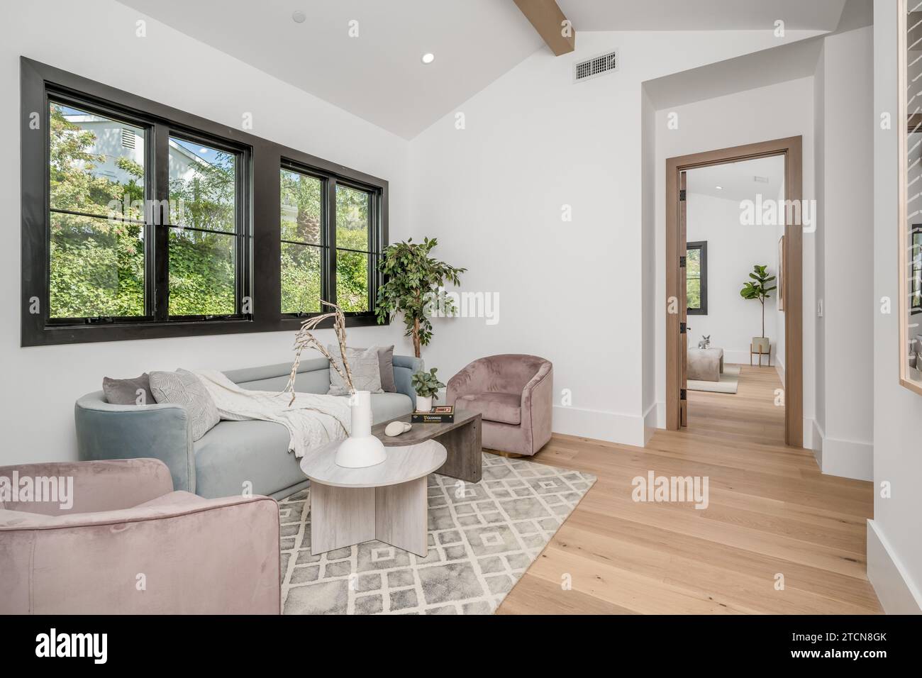 Contemporary living room with large window featuring cozy sofa and two ...