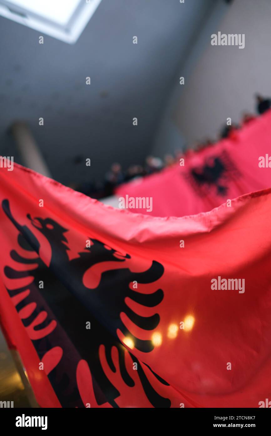 A close-up photo capturing the details of the Albanian flag held in ...