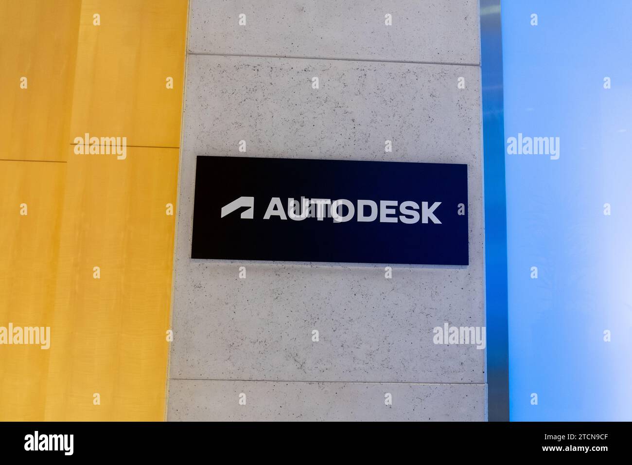 Autodesk sign on the wall at its headquarters in San Francisco ...