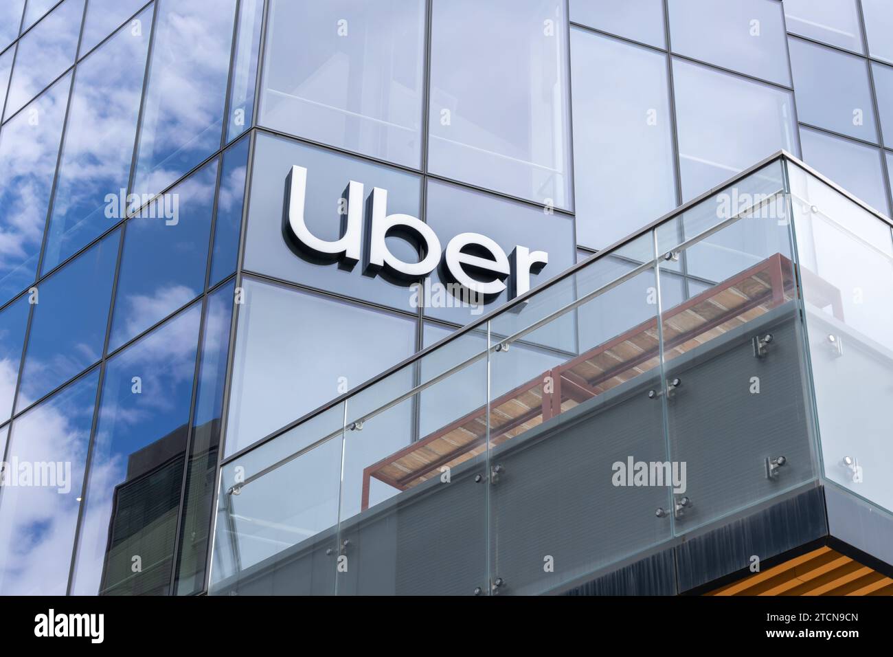 Uber sign on its headquarters building in San Francisco, California ...
