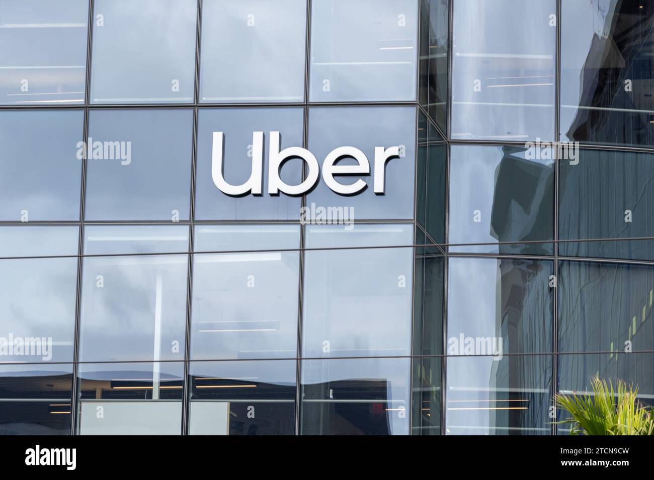 Uber sign on its headquarters building in San Francisco, California ...