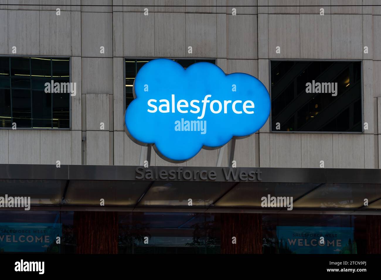 Salesforce logo at its headquarters in San Francisco, California, USA ...