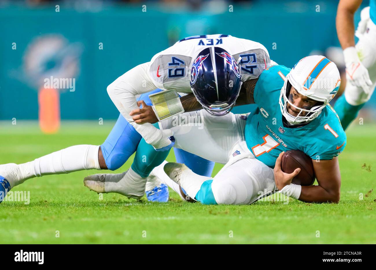 Tennessee Titans linebacker Arden Key (49) sacks Miami Dolphins ...