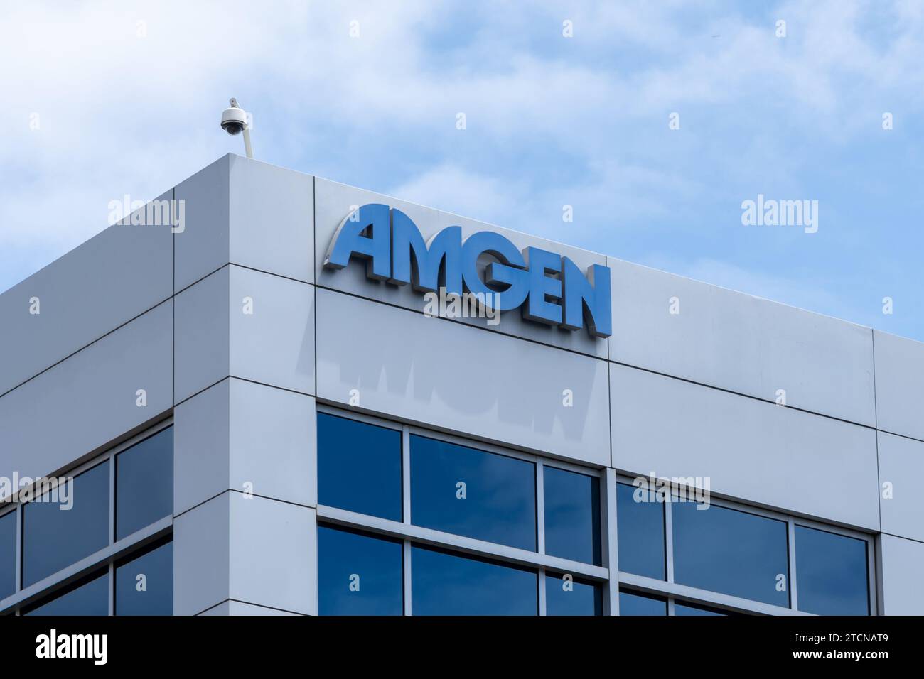 Close up of Amgen sign on the building at its corporate office in South ...