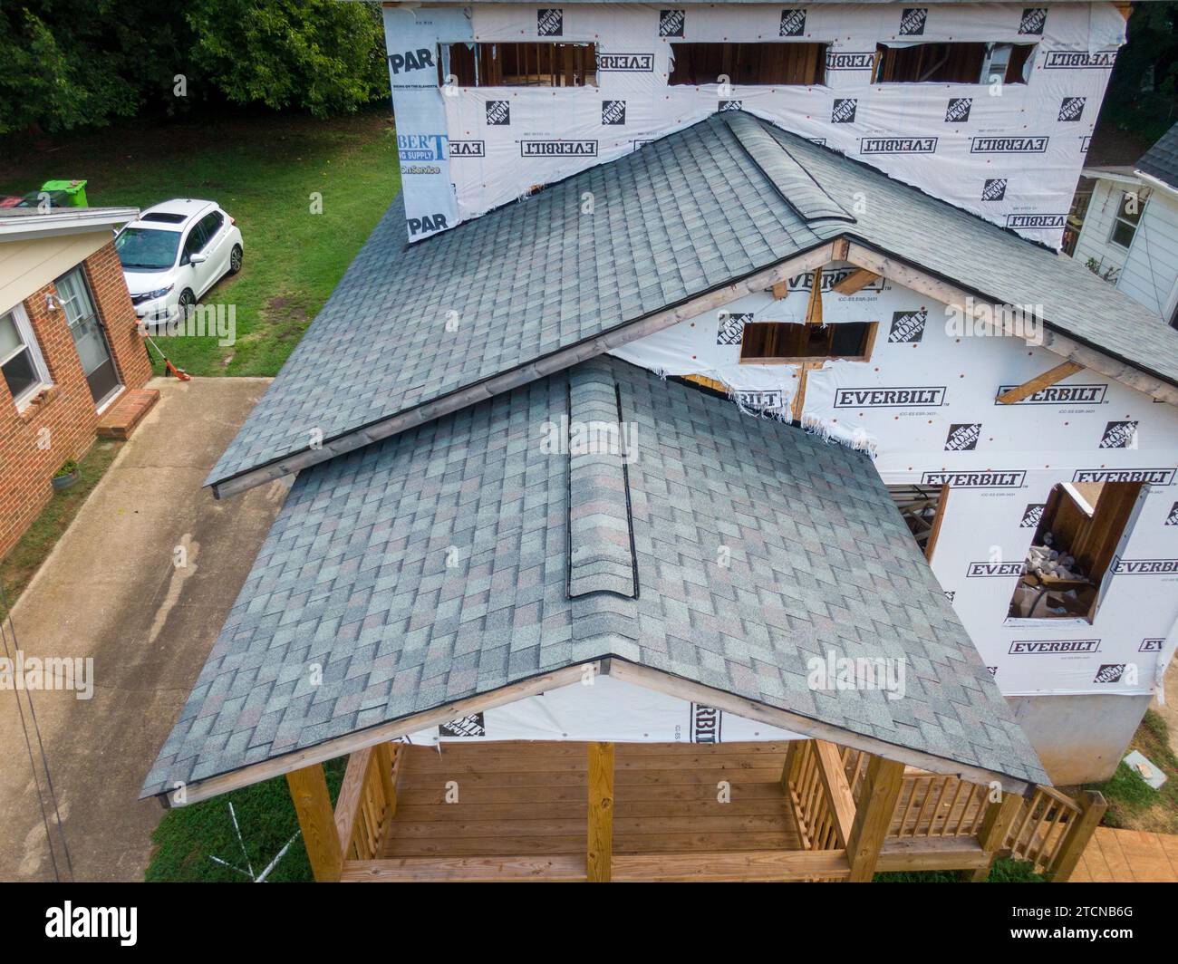 drone images of a residential roof installation on a new construction ...