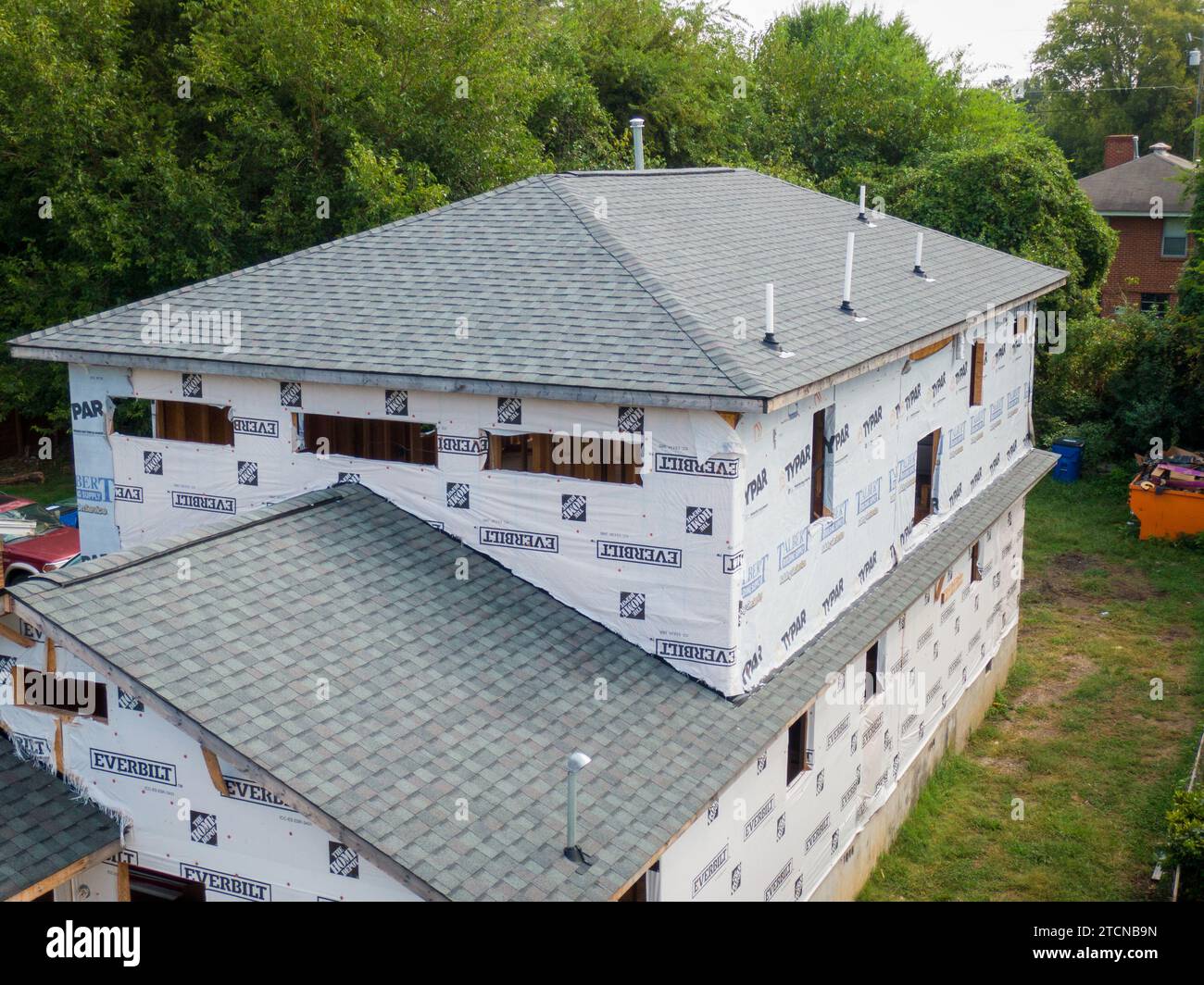 drone images of a residential roof installation on a new construction ...