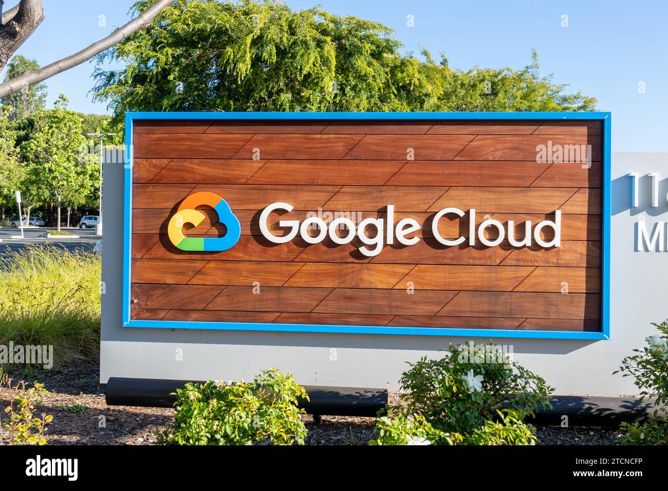Close up of Google Cloud ground sign at its campus in Sunnyvale ...