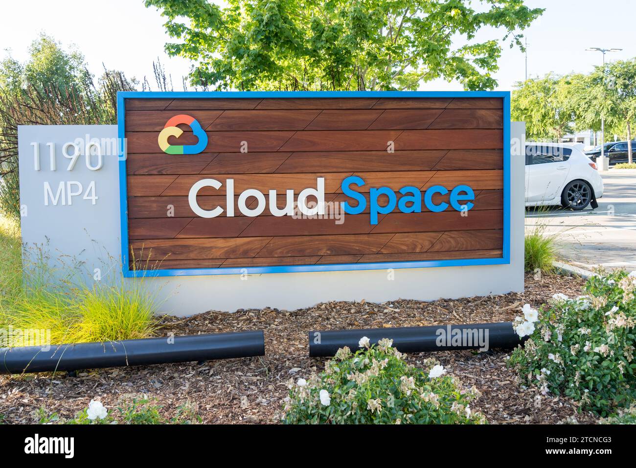 Close up of Google Cloud ground sign at its campus in Sunnyvale ...