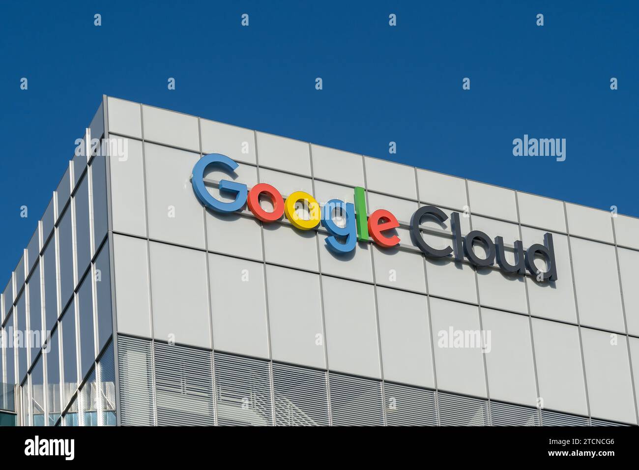 Close up of Google Cloud sign on the building at its campus in ...