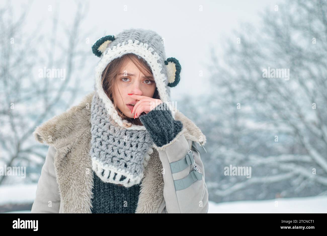 Sick in winter. Cold flu winter season, runny nose. Showing sick woman ...
