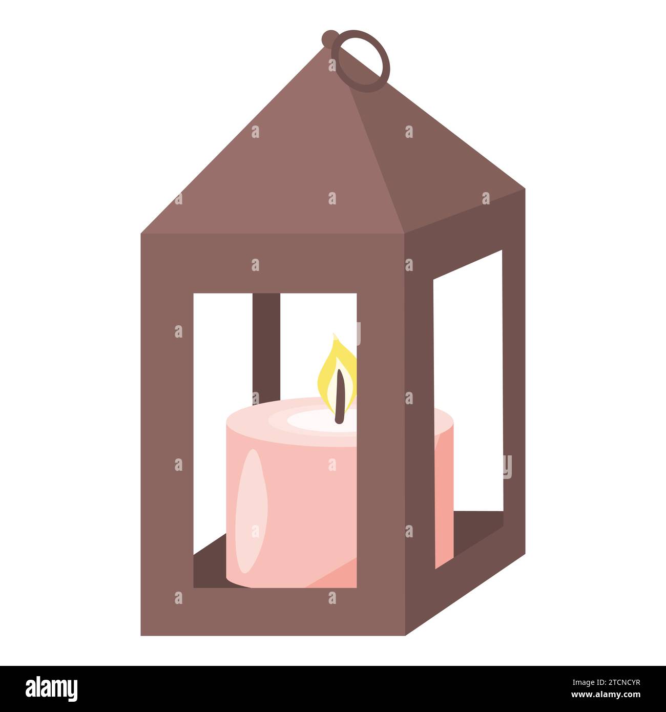 Old fashioned metal lantern with burning pink candle, front view, flat ...
