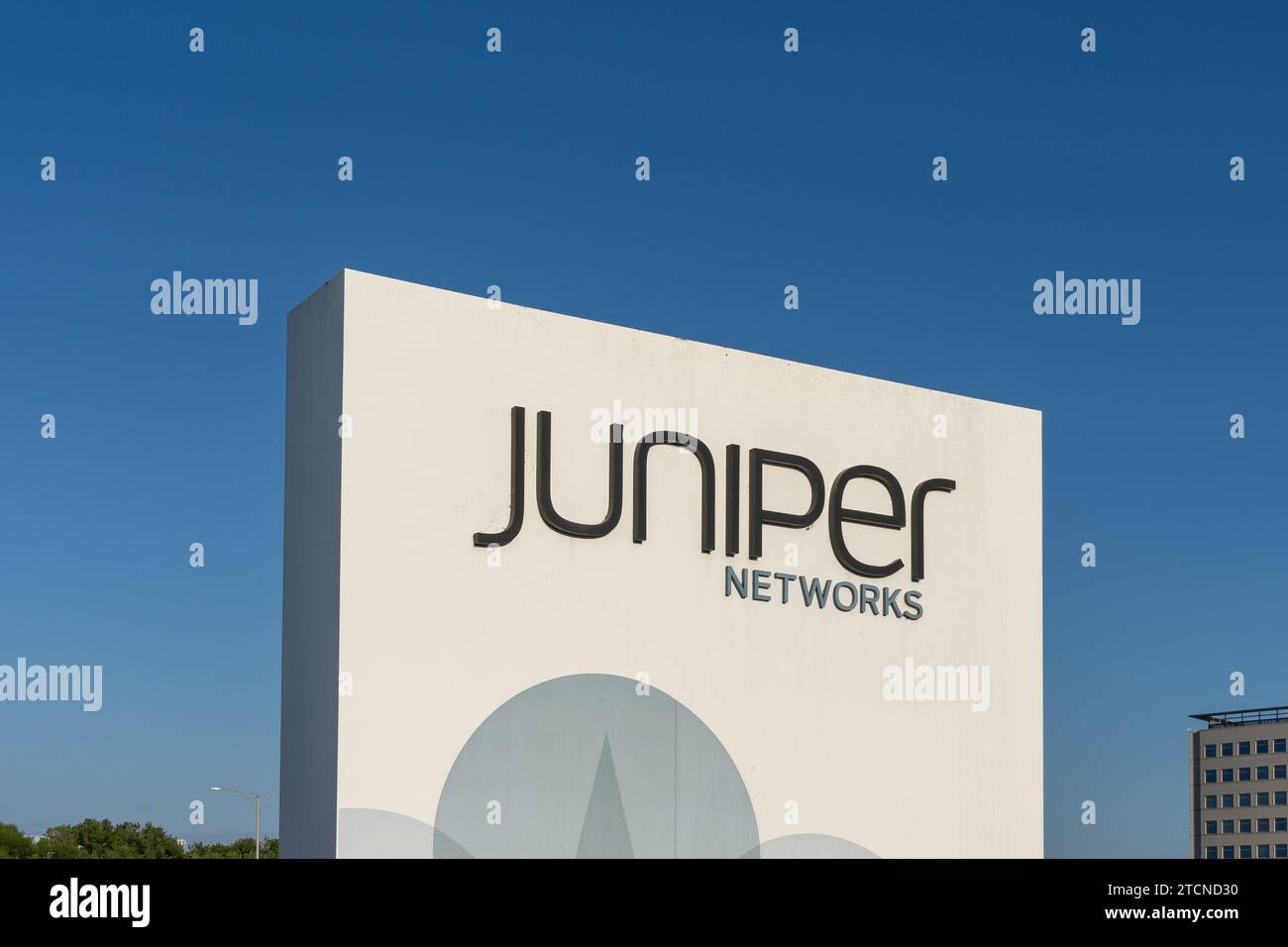 Juniper Networks sign at its headquarters in Sunnyvale, California, USA ...