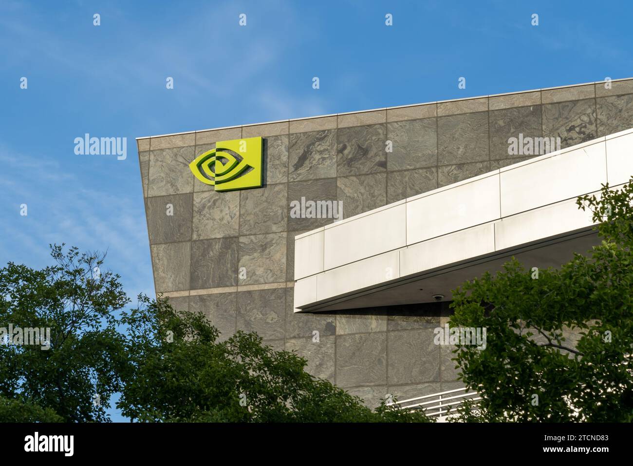 Close up of Nvidia sign on the building at its headquarters in Santa ...