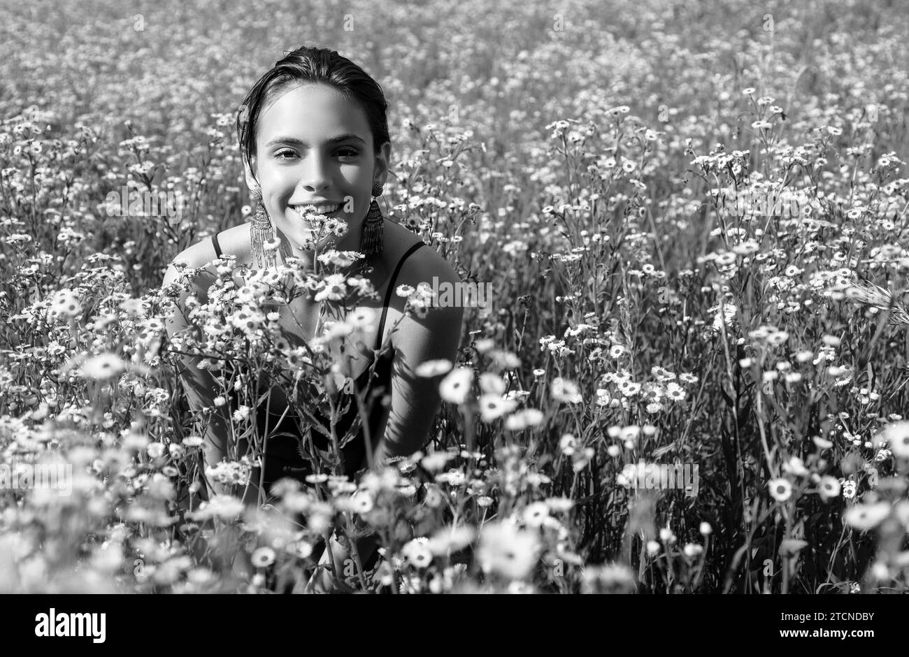 Spring girl outdoor in summer field. Healthy breathing concept, Unity ...