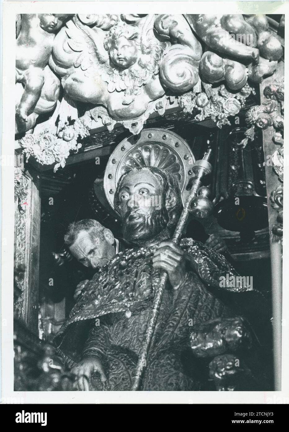 Santiago de Compostela, July 1976. A man gives the traditional hug to ...