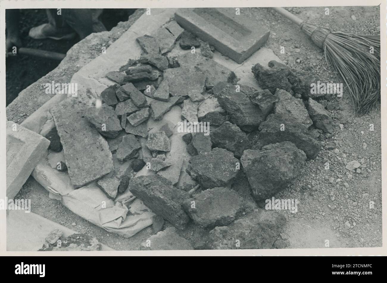 Seville, 1958. Carambolo Treasure, pieces of amphorae and charred earth ...