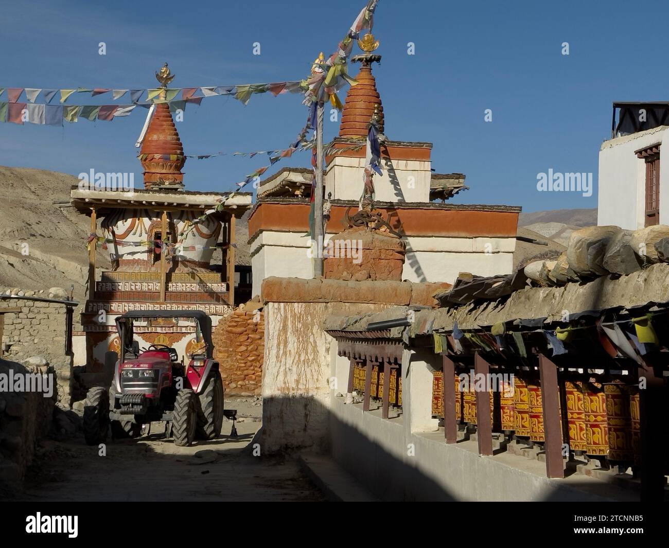 Tractor and chorten in Lo Mantang, the capital of Mustang District ...