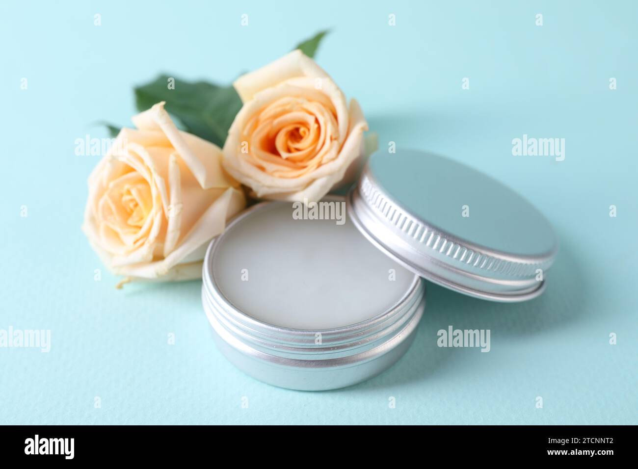 Lip balm and rose flowers on light blue background, closeup Stock Photo ...