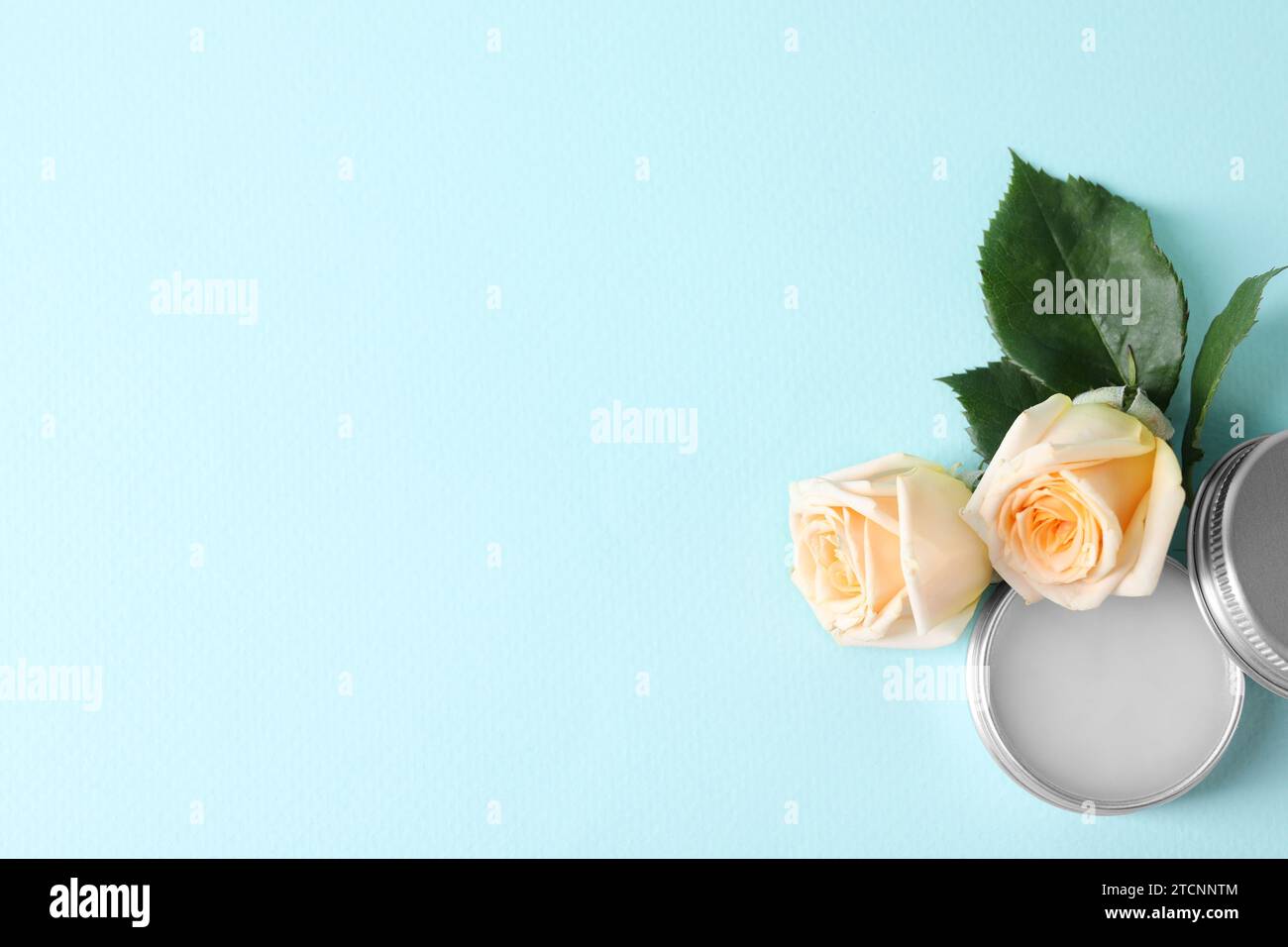 Lip balm and rose flowers on light blue background, top view. Space for ...