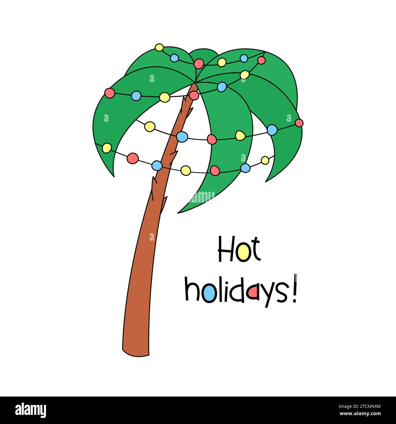 Christmas Palm tree vector illustration. Funny decorated doodle beach ...
