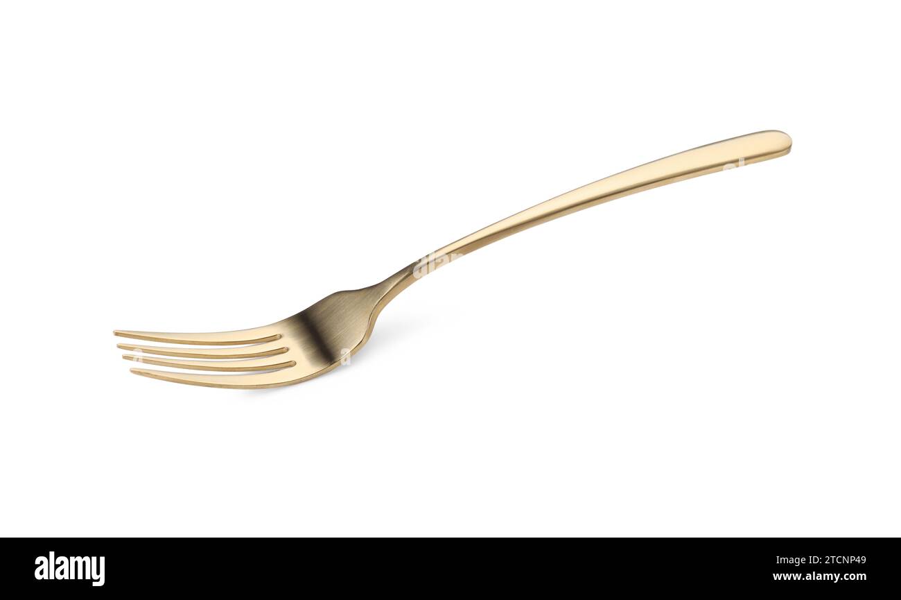 One shiny golden fork isolated on white Stock Photo - Alamy
