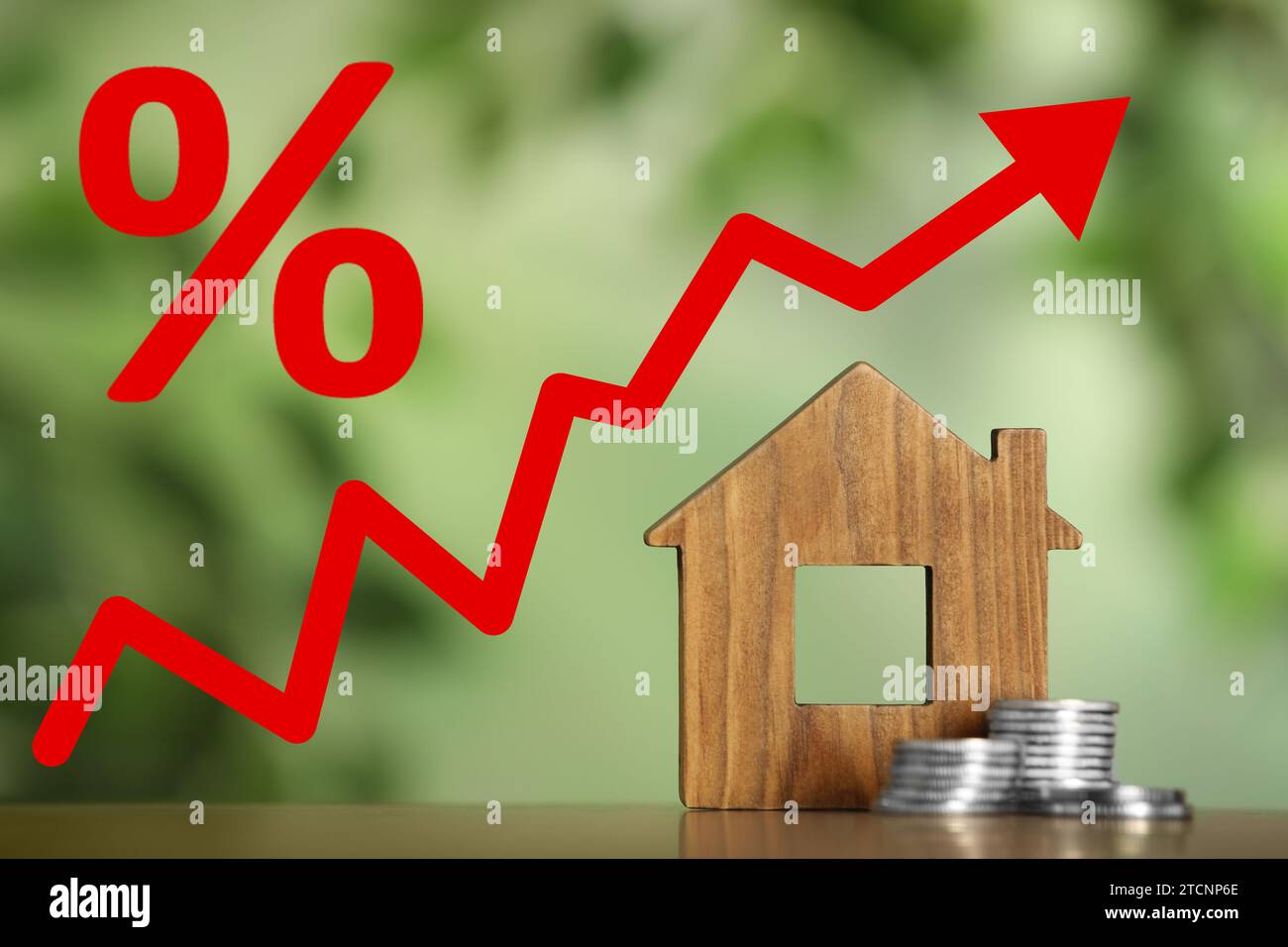 Mortgage rate rising illustrated by percent sign and upward arrow ...
