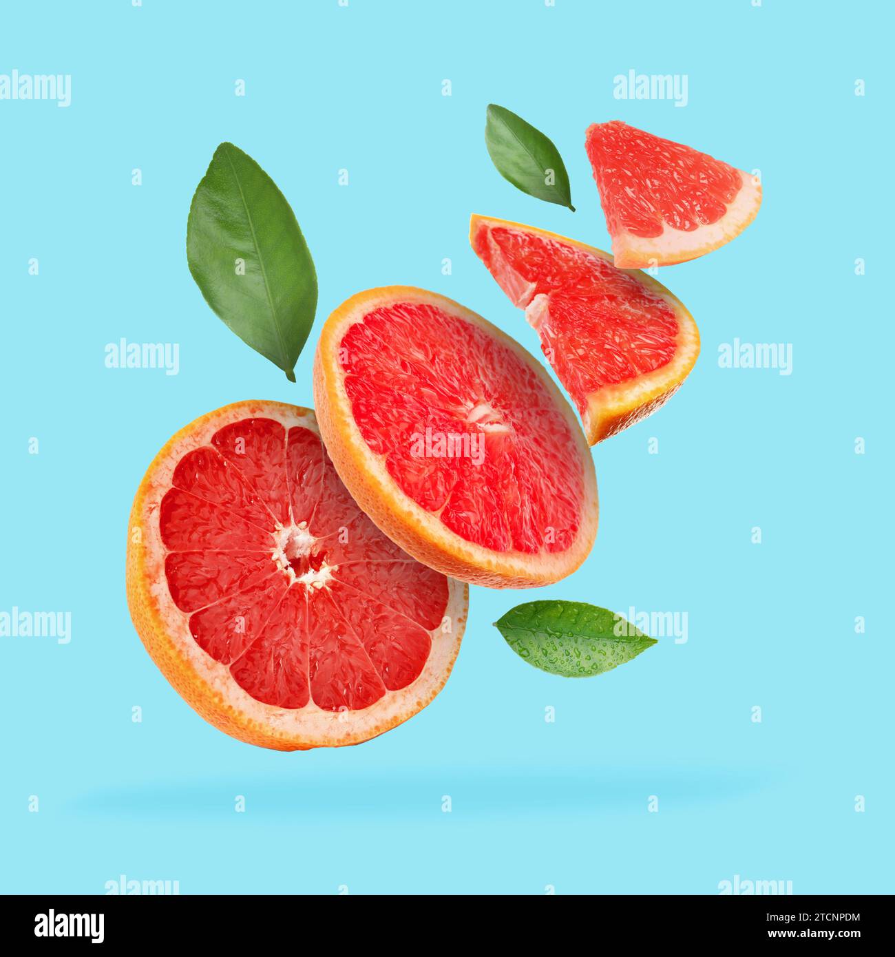 Pieces of grapefruit and green leaves falling on light blue background ...