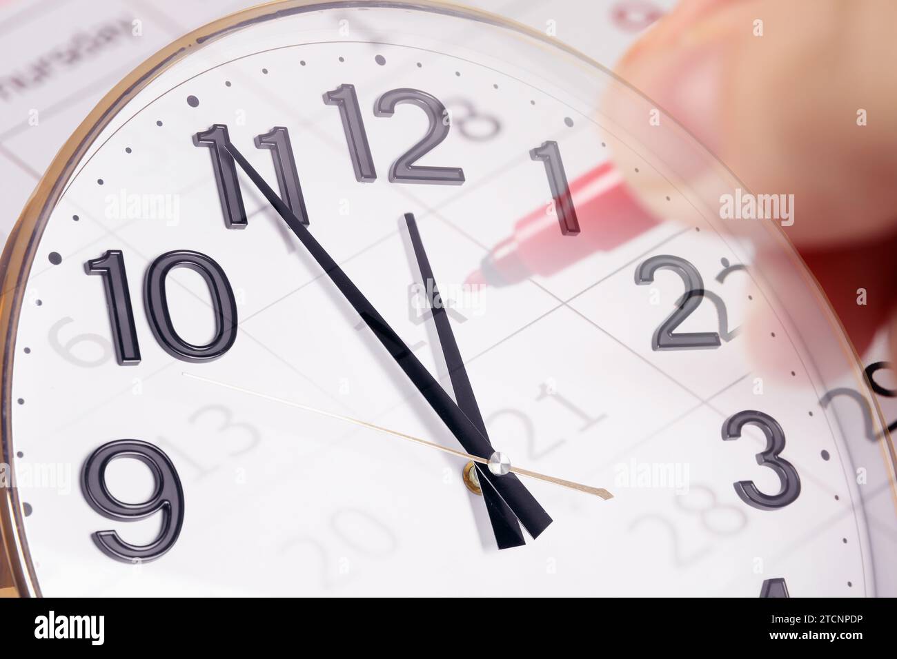 Time concept. Double exposure of woman marking date in calendar and ...