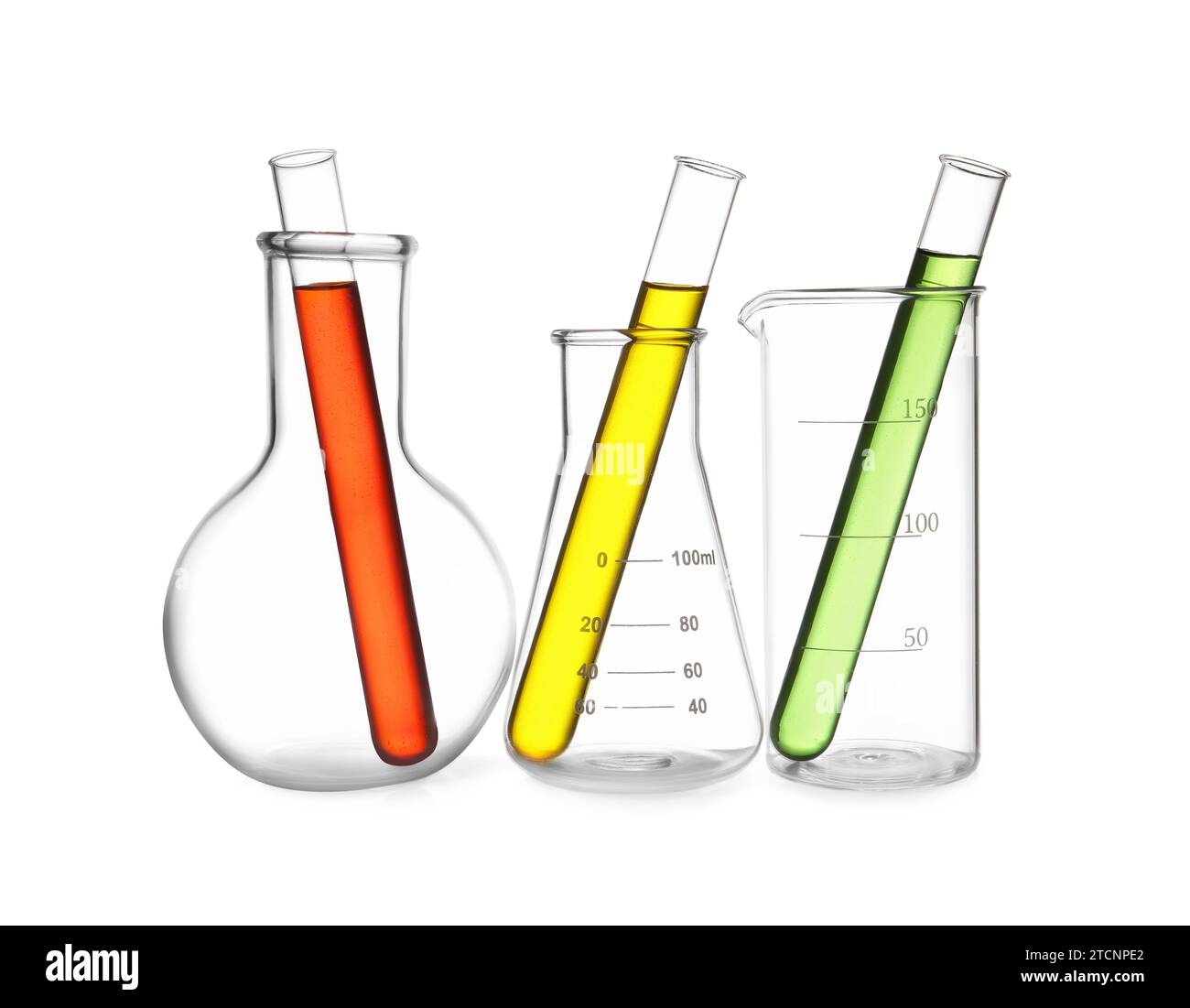 Glass flasks, beaker and test tubes with colorful liquids isolated on ...