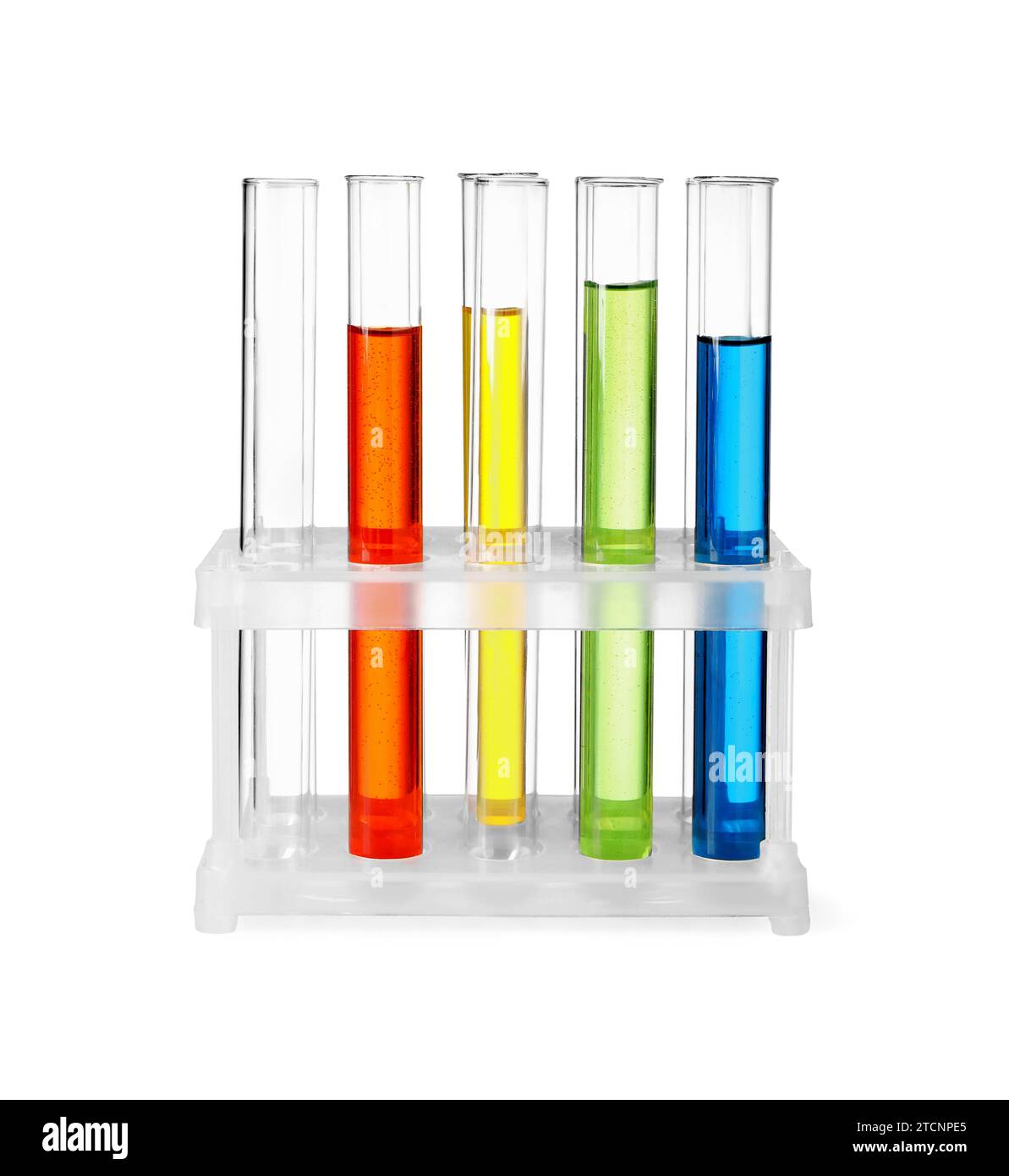 Test tubes with colorful liquids in stand isolated on white Stock Photo ...