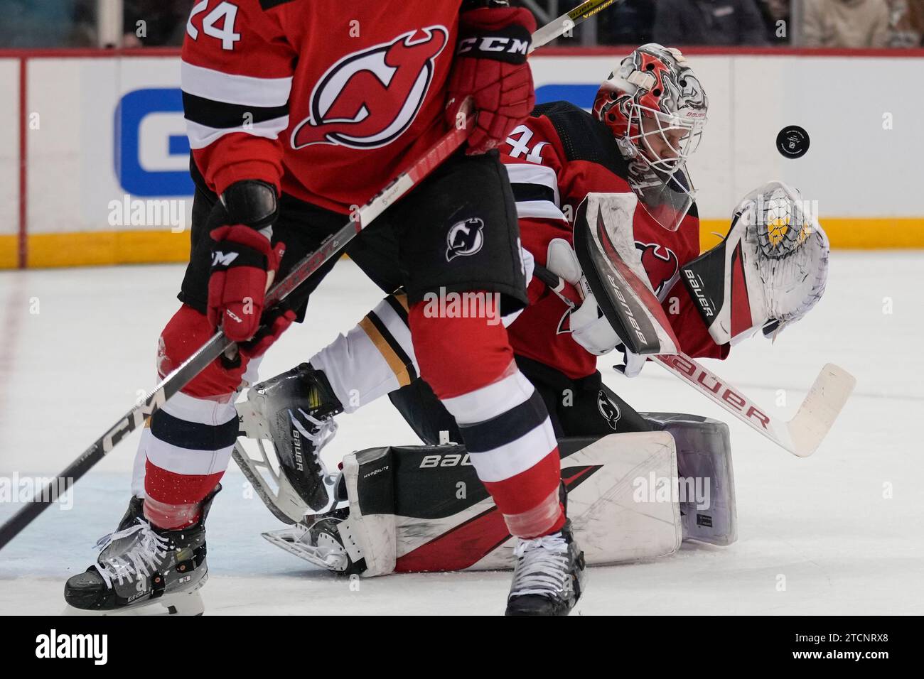 New Jersey Devils goaltender Vitek Vanecek makes a save during the ...