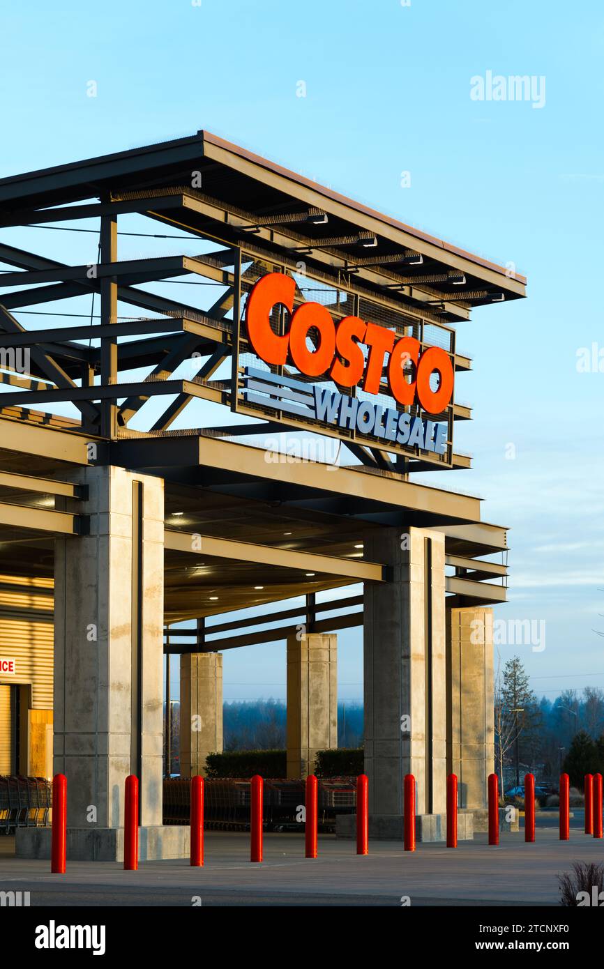 Redmond, WA, USA - February 12, 2023; Costco Wholesale sign in red and ...