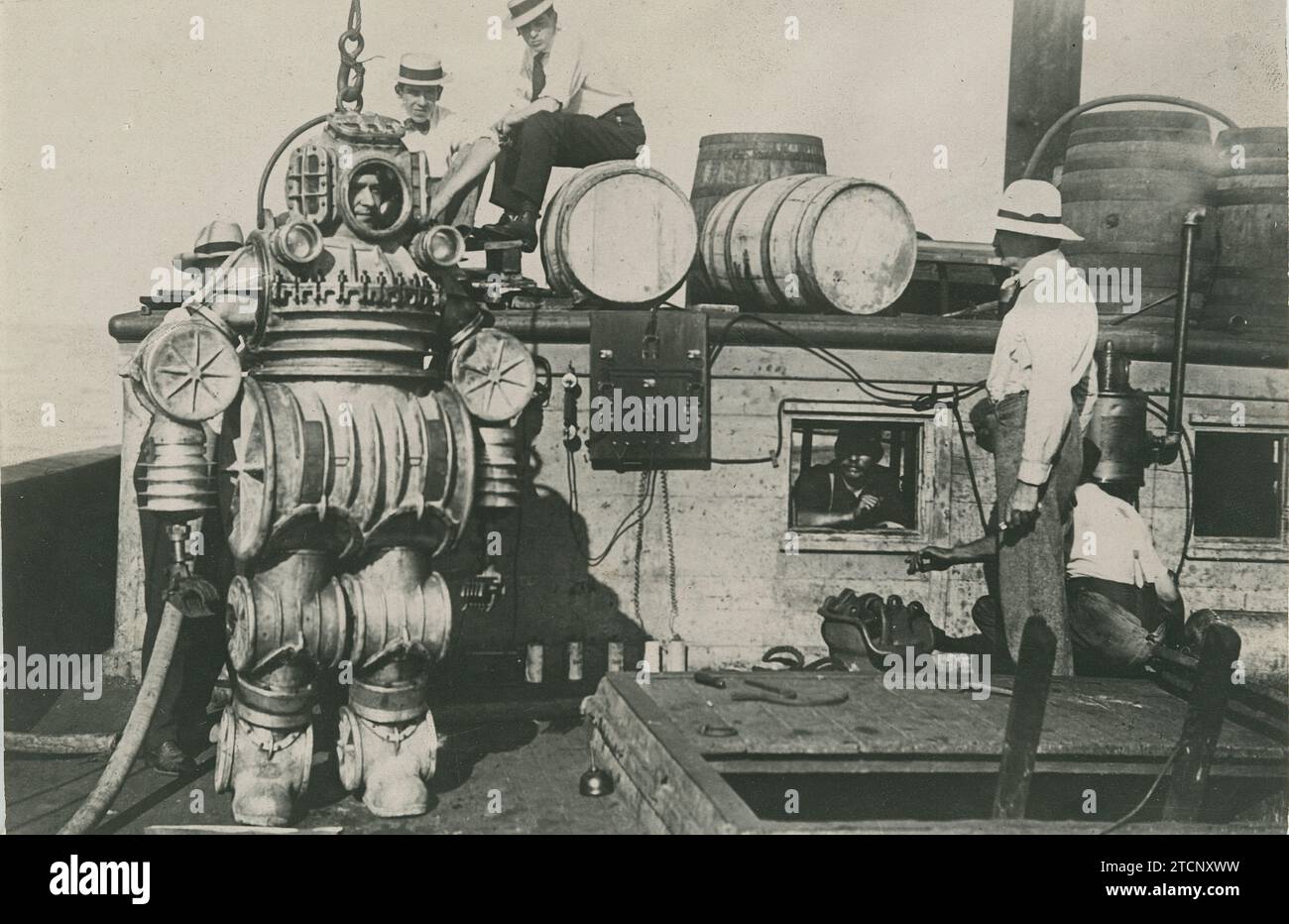 July 1920. New diving suit for great depths. Steel armor used by divers ...