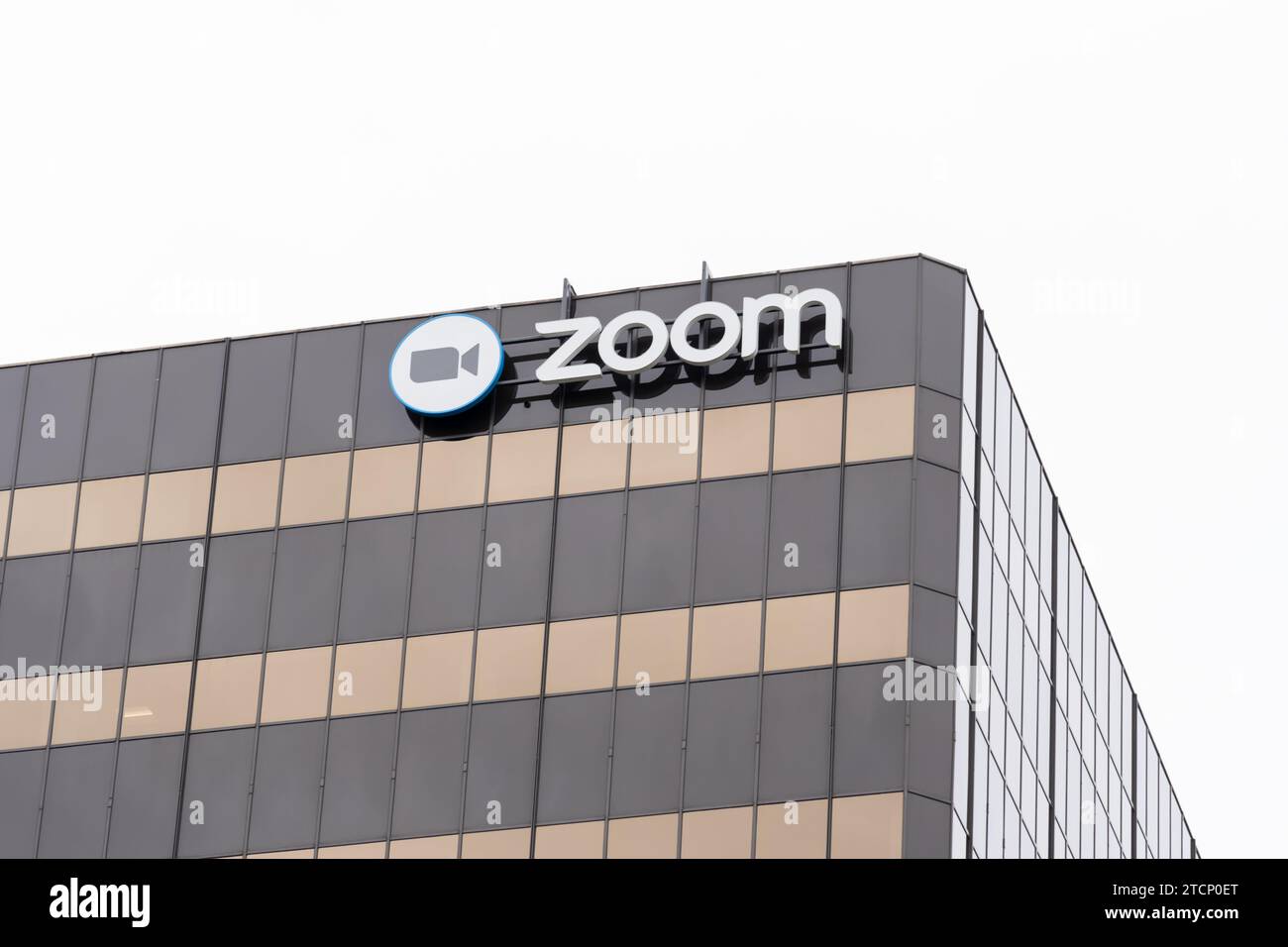 Zoom sign on the building at its headquarters in San Jose, California ...