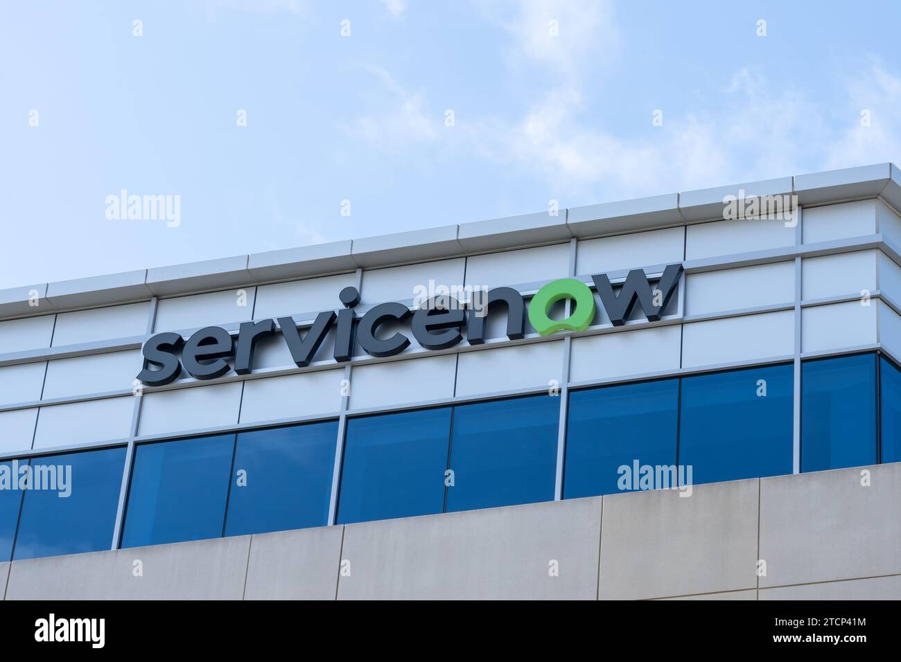 Close up of ServiceNow sign on the building at its headquarters in ...