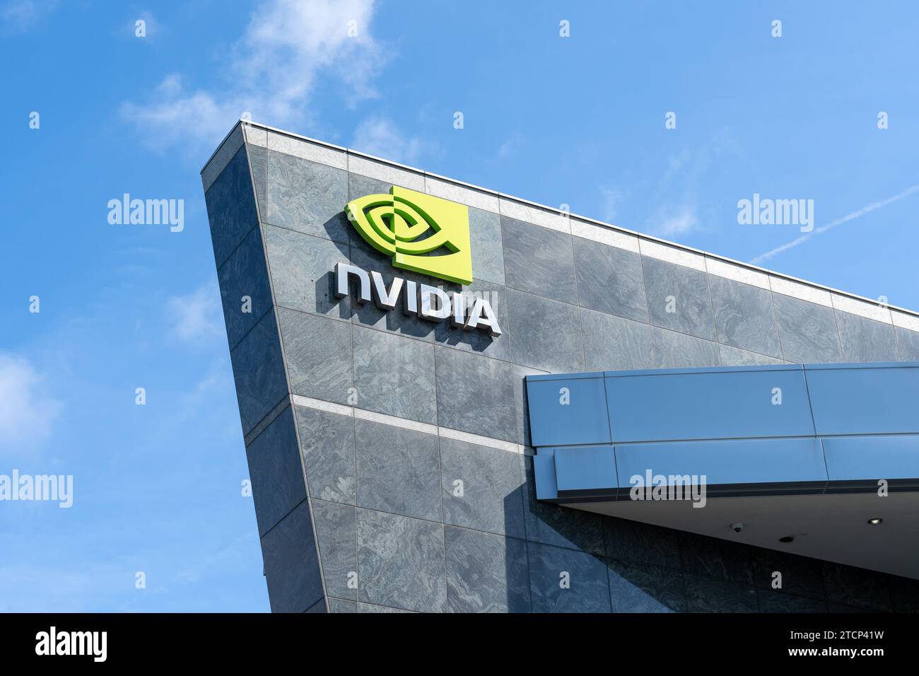 Close up of Nvidia sign on the building at its headquarters in Santa ...