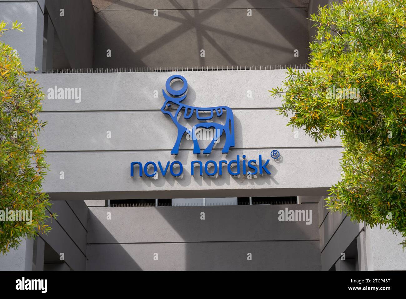 Close up of Novo Nordisk logo sign on the building in Fremont ...