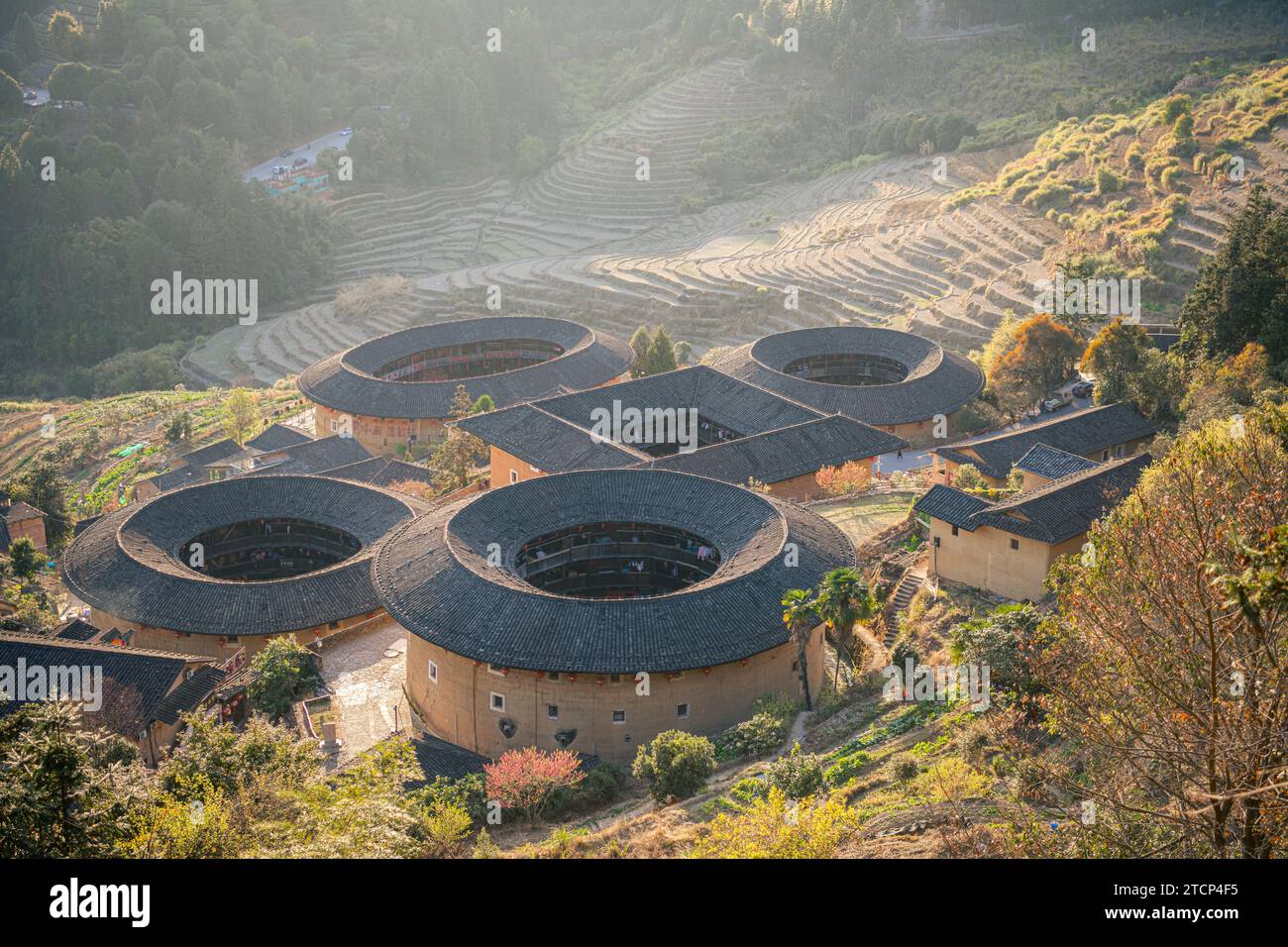 Horizontal close up on the Tianluokeng Tulou cluster During the sunset ...