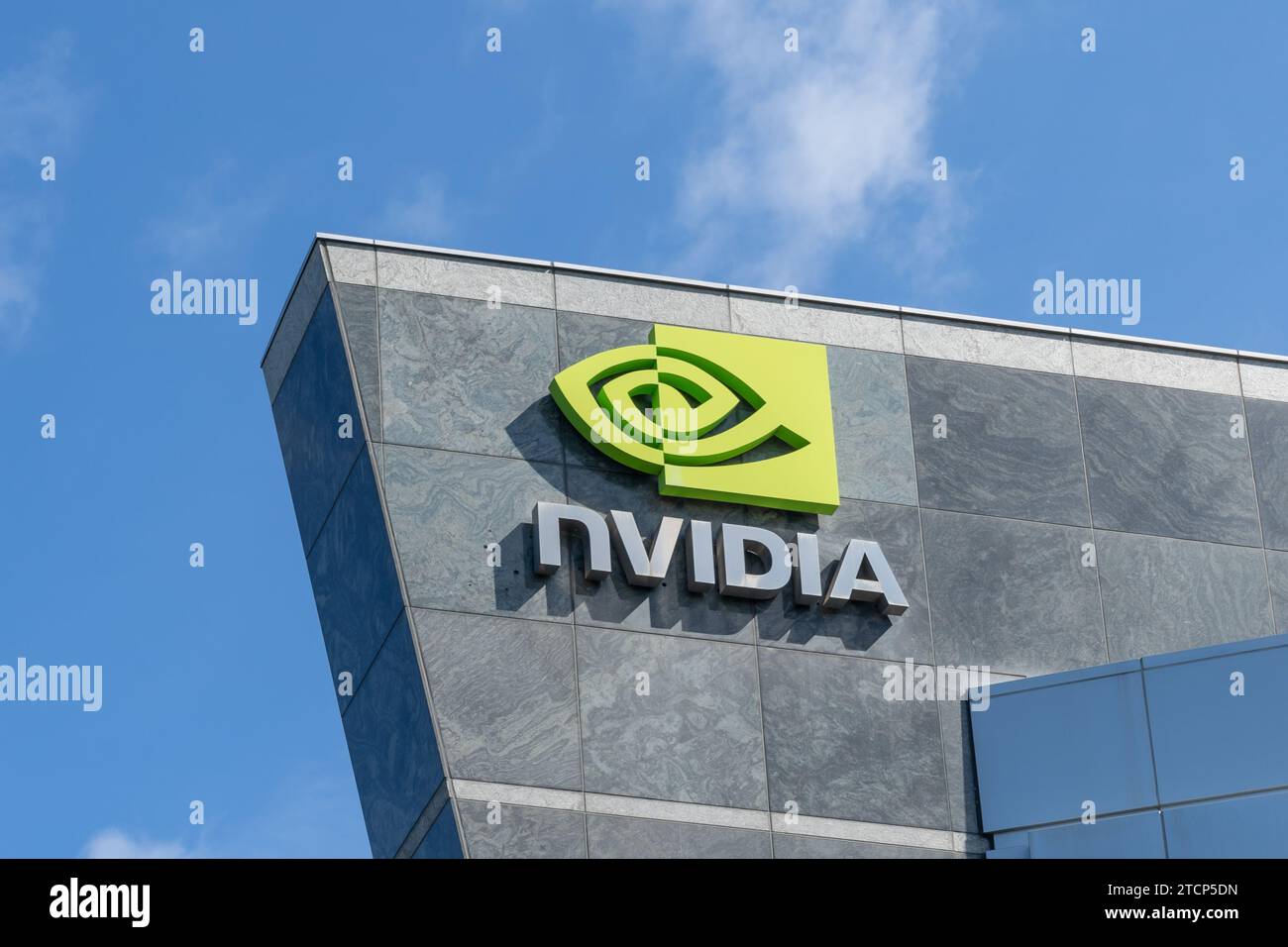 Close up of Nvidia sign on the building at its headquarters in Santa ...