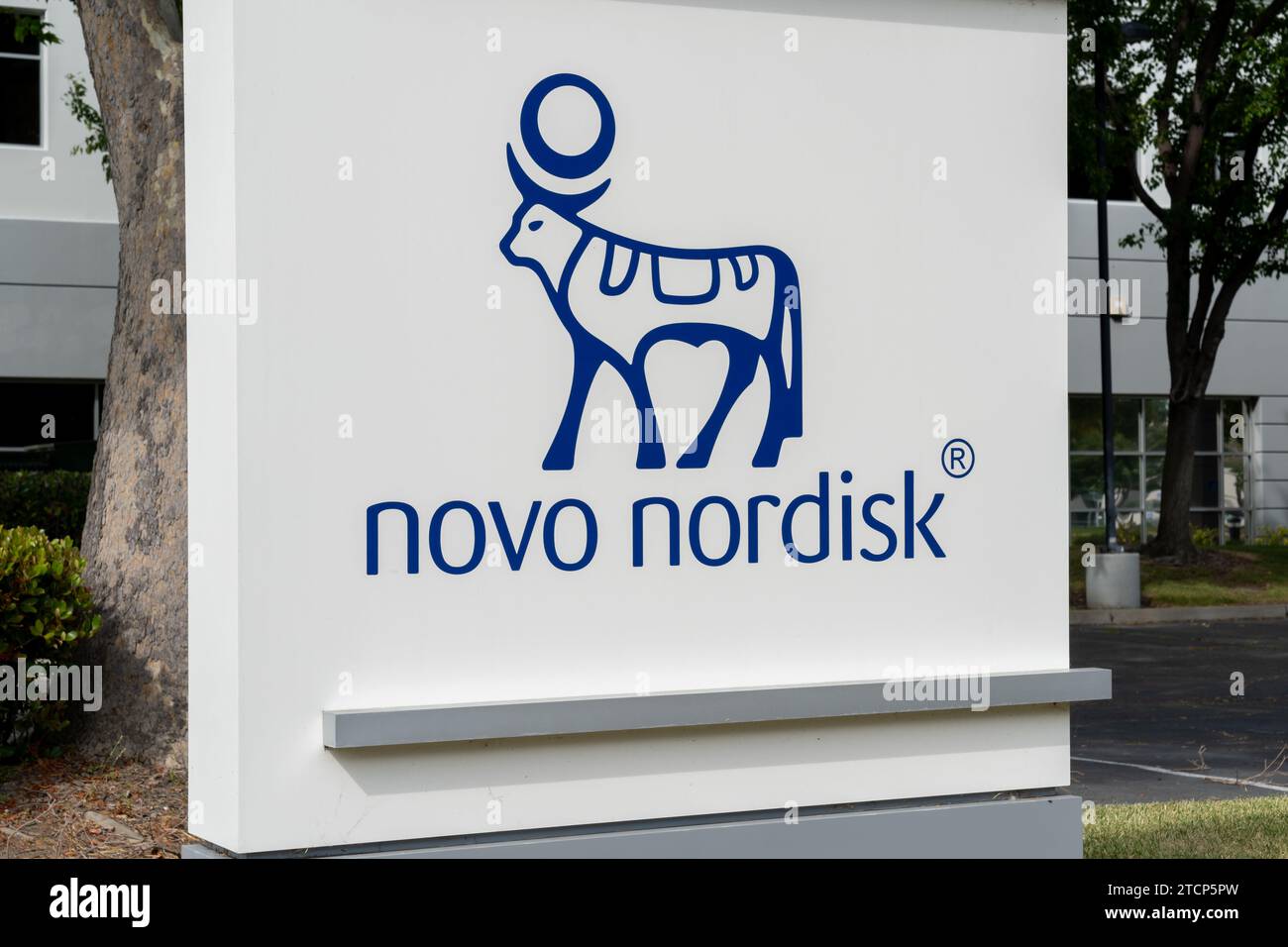 Close up of Novo Nordisk logo sign at its office in Fremont, California ...