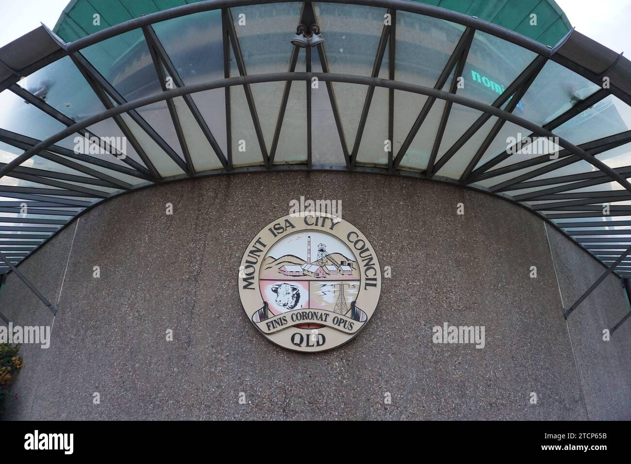 Exterior of Mount Isa City Council building with crest, logo or coat of ...