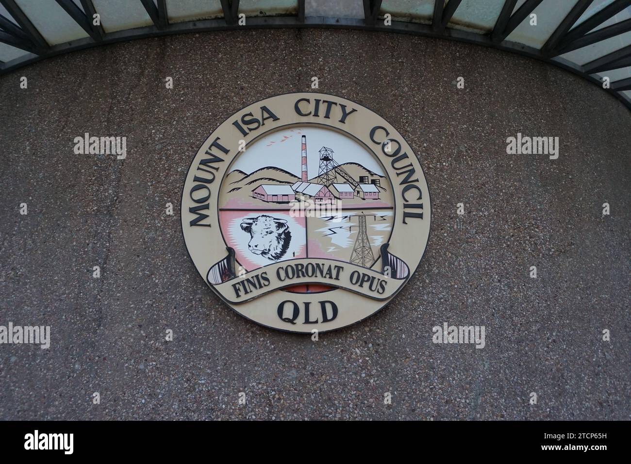 Exterior of Mount Isa City Council building with crest, logo or coat of ...