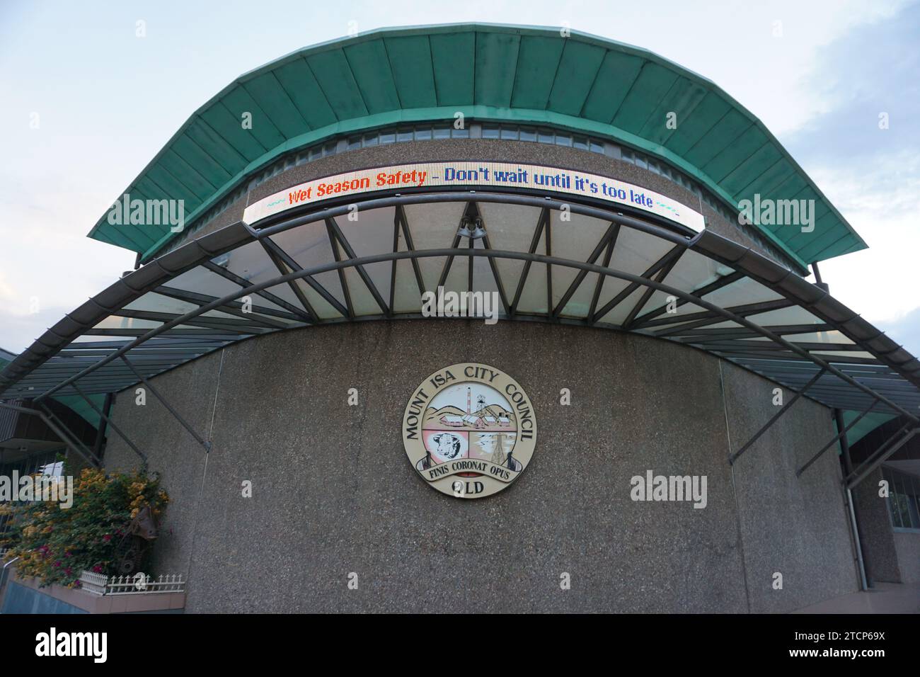 Exterior of Mount Isa City Council building with crest, logo or coat of ...
