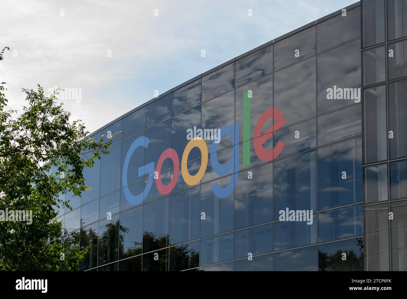 Close up of the Google logo sign on the building in Mountain View ...
