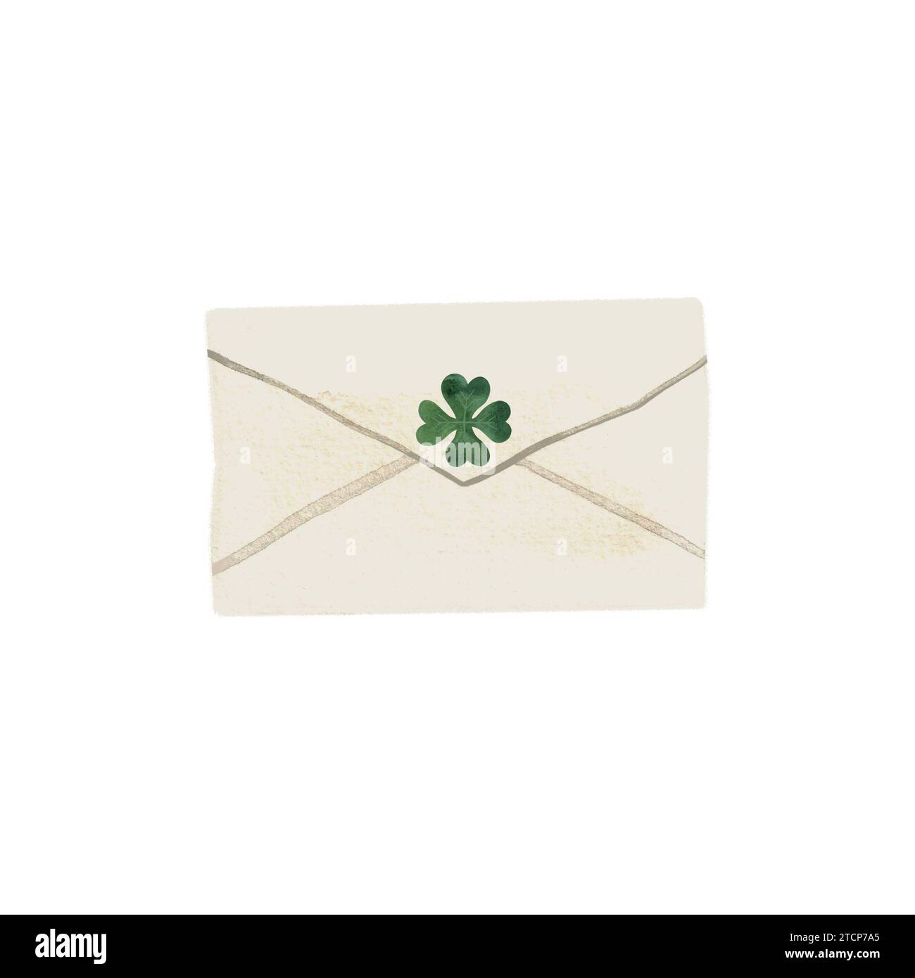 White paper mailing envelope with green four leaf clover for St ...